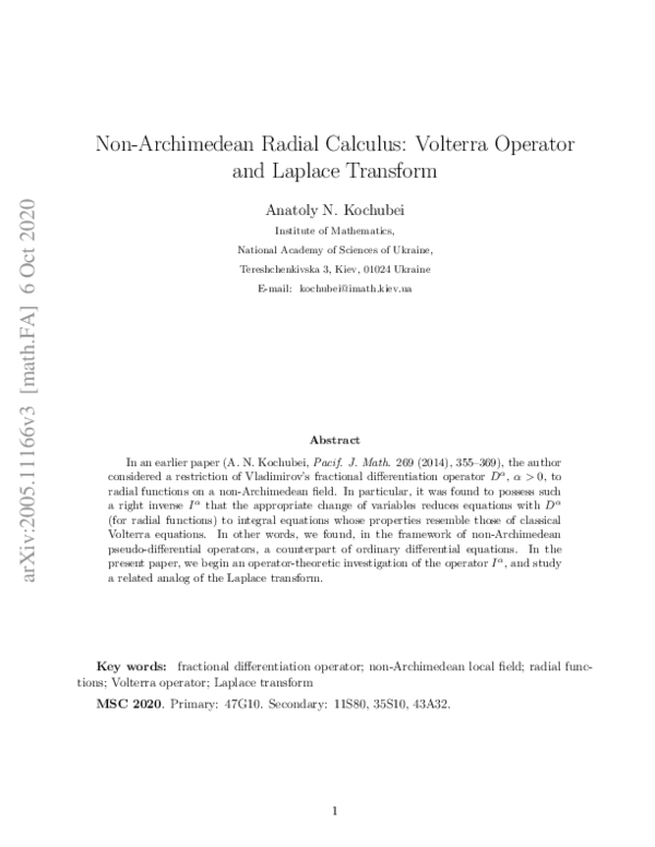 (PDF) Non-Archimedean Radial Calculus: Volterra Operator and Laplace Transform