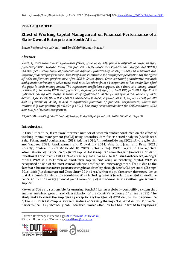 (PDF) Effect of Working Capital Management on Financial Performance of a State-Owned Enterprise ...