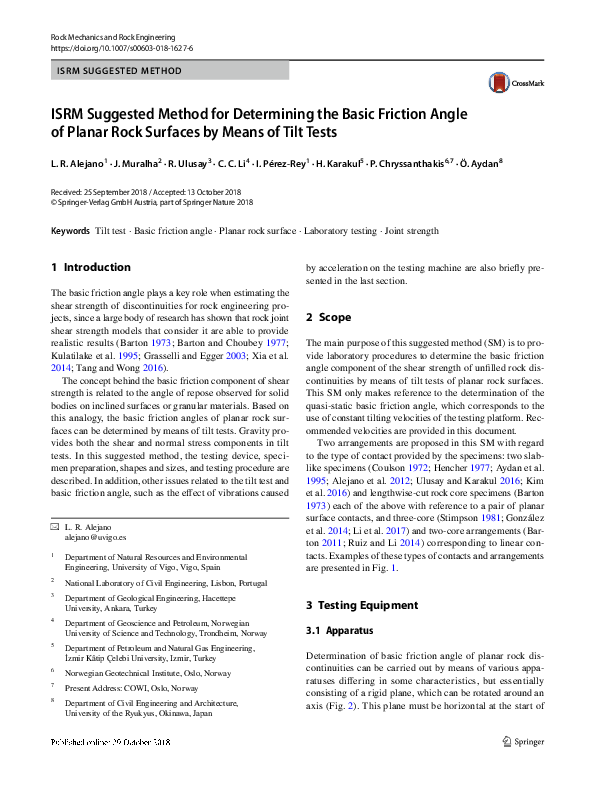 Pdf Isrm Suggested Method For Determining The Basic Friction Angle Of Planar Rock Surfaces By