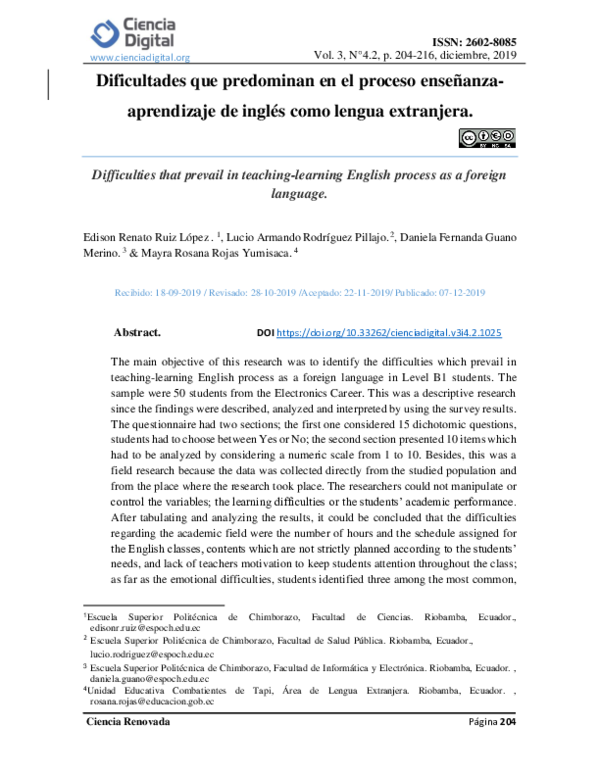 (PDF) Dificultades que predominan en el proceso enseñanza- aprendizaje de inglés como lengua ...