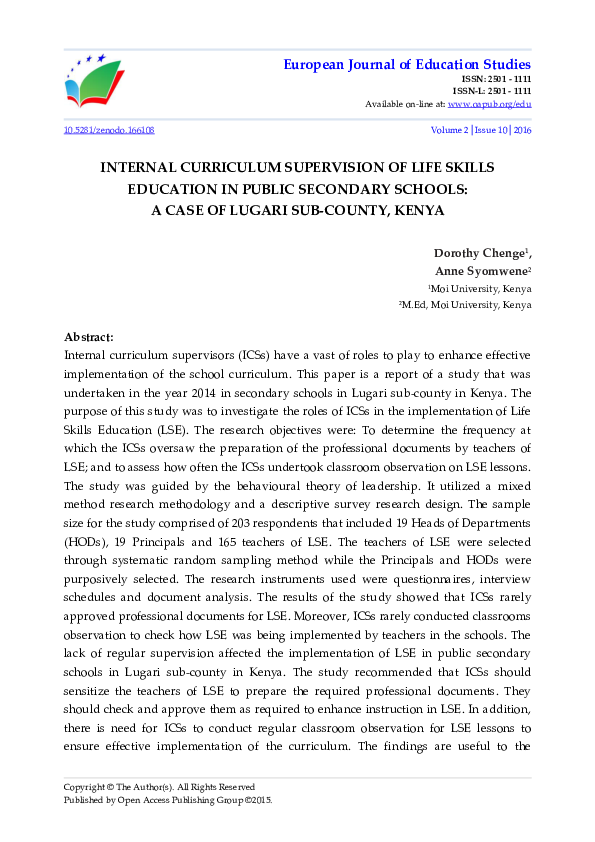 (PDF) Internal Curriculum Supervision of Life Skills Education in ...