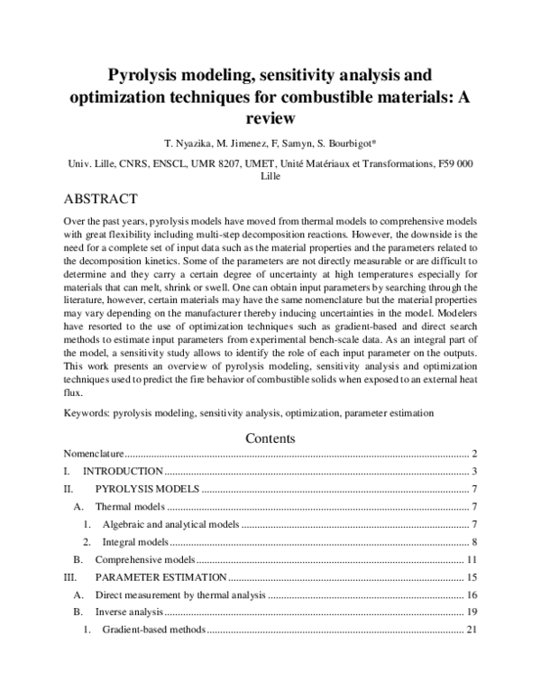 (PDF) Pyrolysis modeling, sensitivity analysis, and optimization techniques for combustible ...
