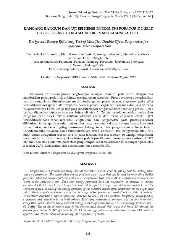(PDF) Rancang Bangun Dan Uji Efisiensi Energi Evaporator Double Effect ...