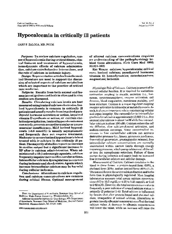 (PDF) Hypocalcemia in critically ill patients