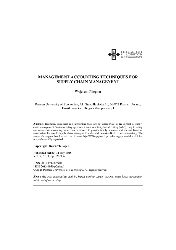 (PDF) Management Accounting Techniques for Supply Chain Managenent