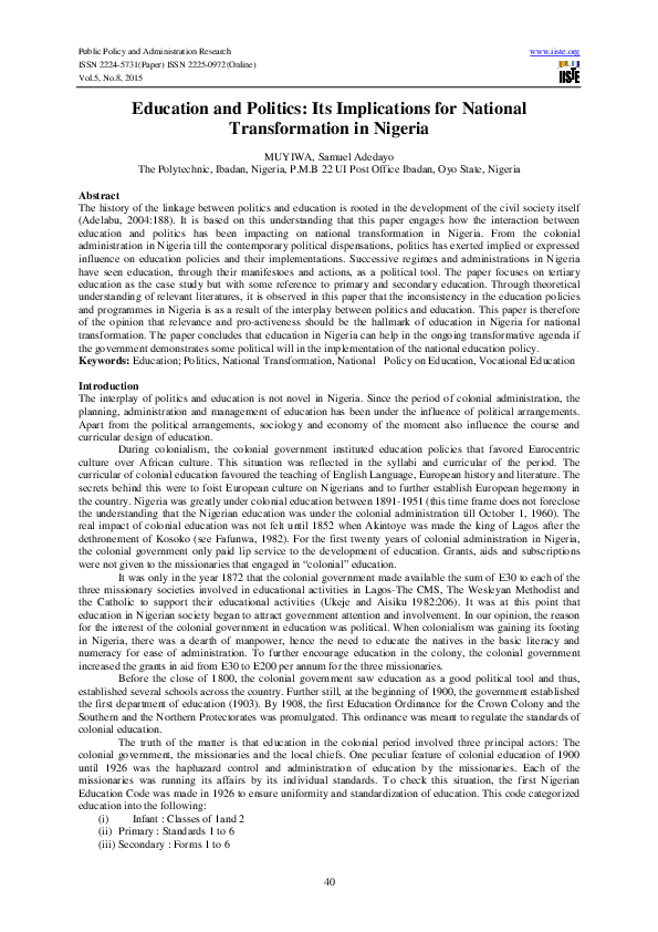 (PDF) Education and Politics: Its Implications for National ...