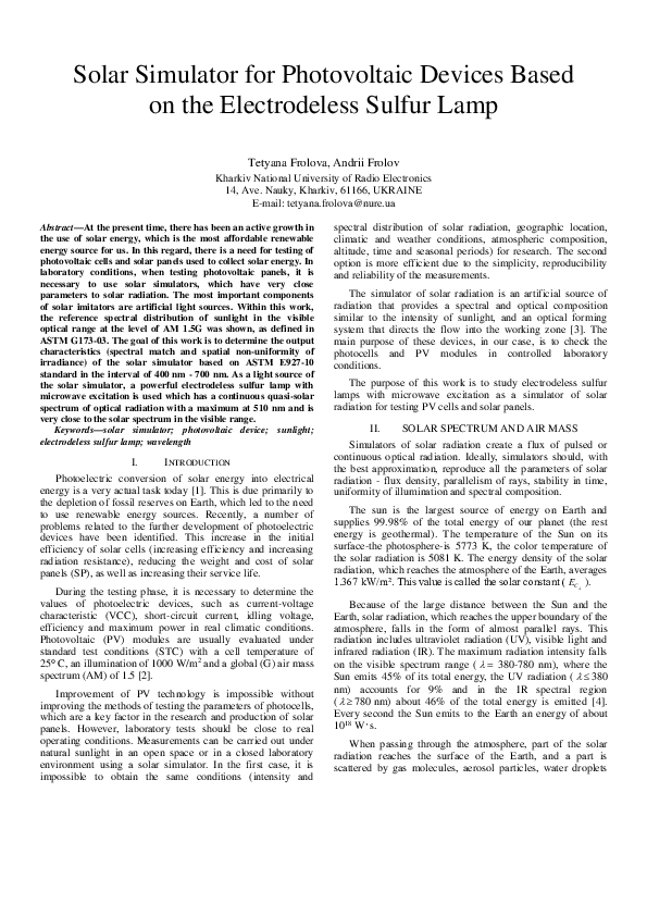 (PDF) Solar simulator for photovoltaic devices based on the electrodeless sulfur lamp