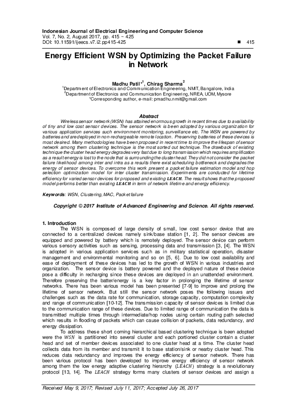 (PDF) Energy Efficient WSN by Optimizing the Packet Failure in Network