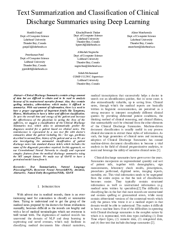Doc Text Summarization And Classification Of Clinical Discharge