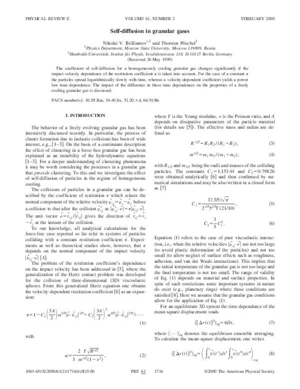 (PDF) Self-diffusion in granular gases