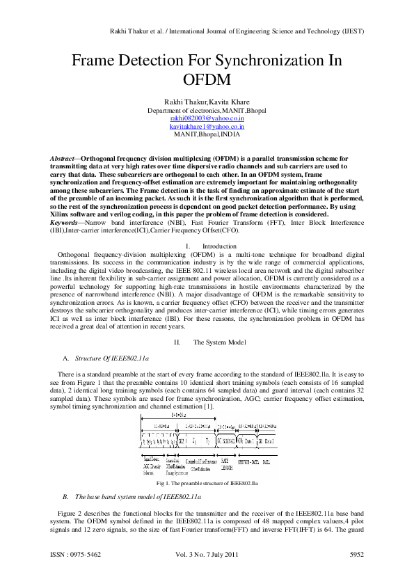 (PDF) Frame Detection For Synchronization In OFDM