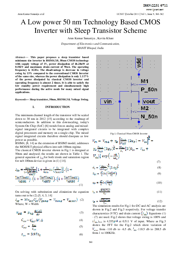 (PDF) A Low power 50 nm Technology Based CMOS Inverter with Sleep Transistor Scheme