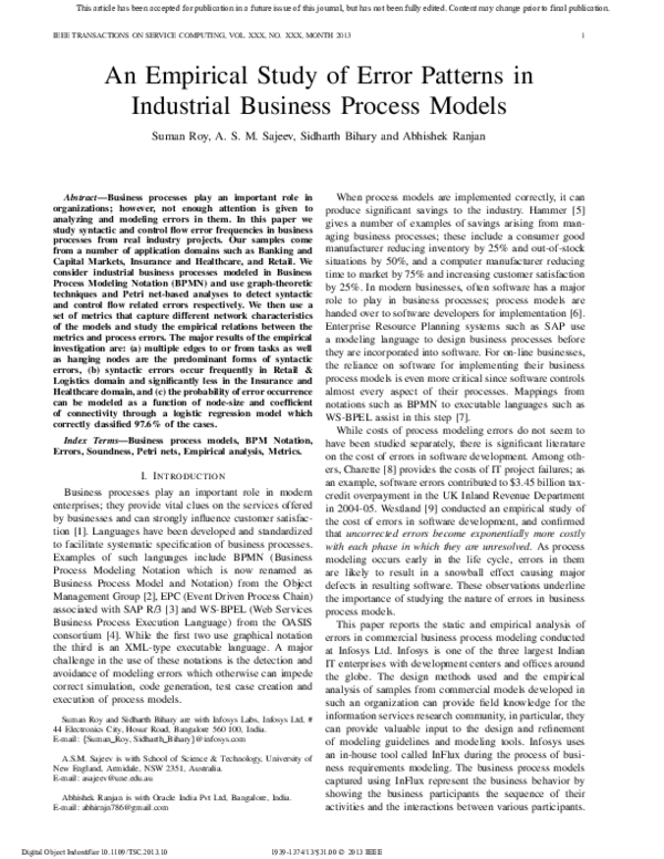 Pdf Error Patterns In Industrial Bpm Models 
