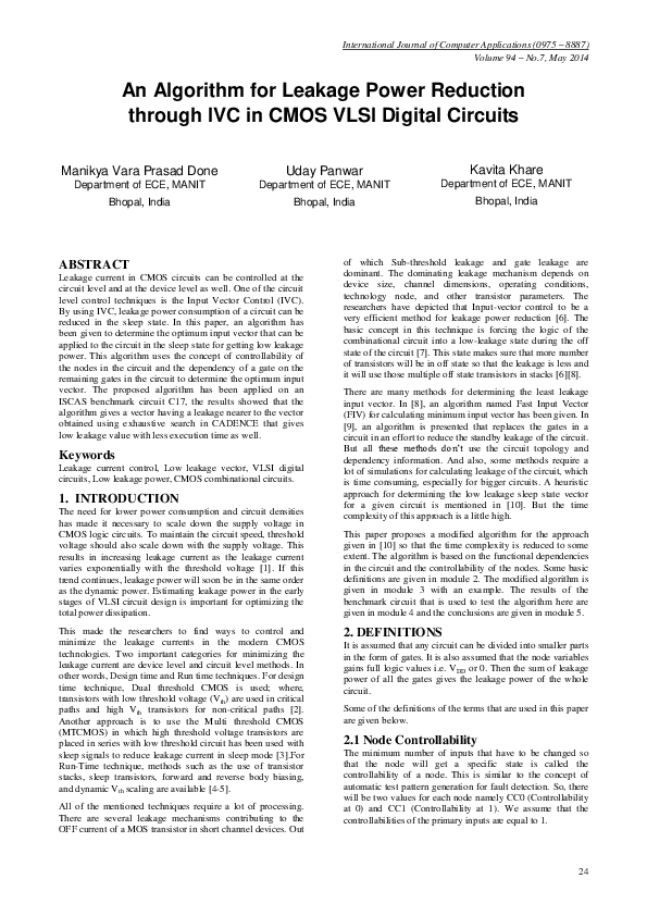 Pdf An Algorithm For Leakage Power Reduction Through Ivc In Cmos Vlsi Digital Circuits