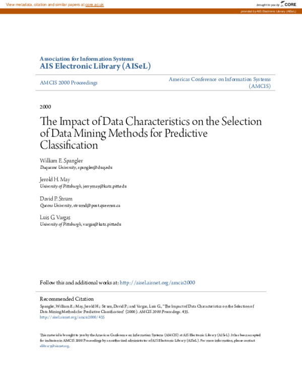 Pdf The Impact Of Data Characteristics On The Selection Of Data Mining Methods For Predictive