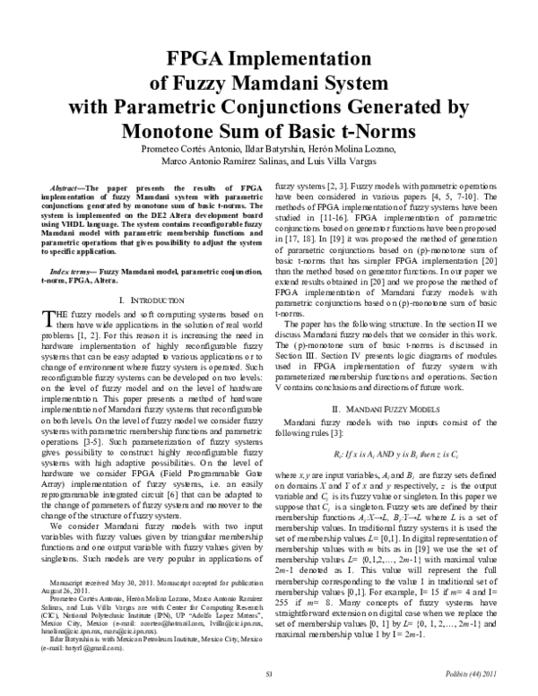 (PDF) FPGA Implementation of Fuzzy Mamdani System with Parametric Conjunctions Generated by ...