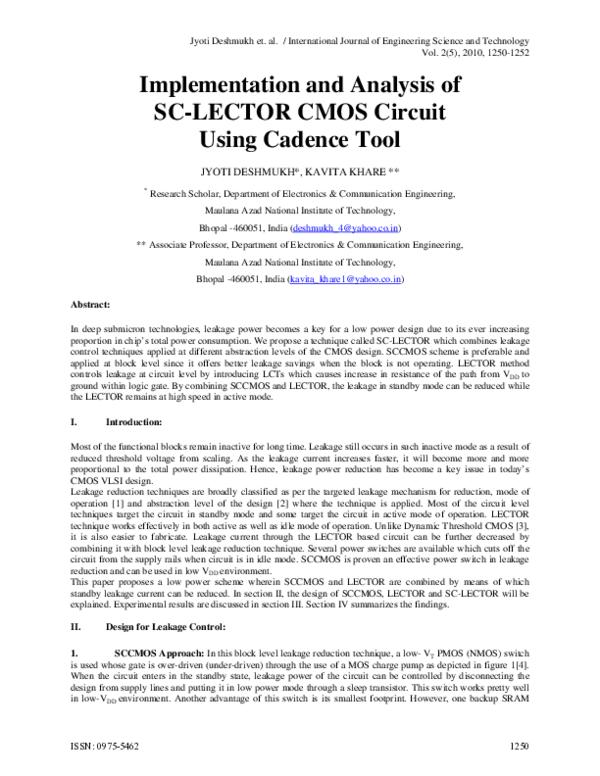 (PDF) Implementation and Analysis of SC-LECTOR CMOS Circuit Using Cadence Tool