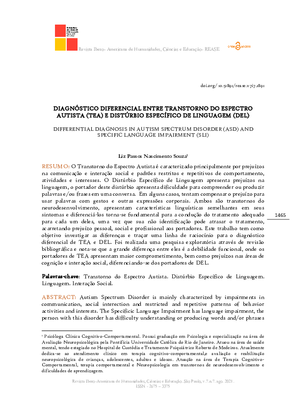(PDF) Diagnóstico Diferencial Entre Transtorno Do Espectro Autista (Tea) e Distúrbio Específico ...