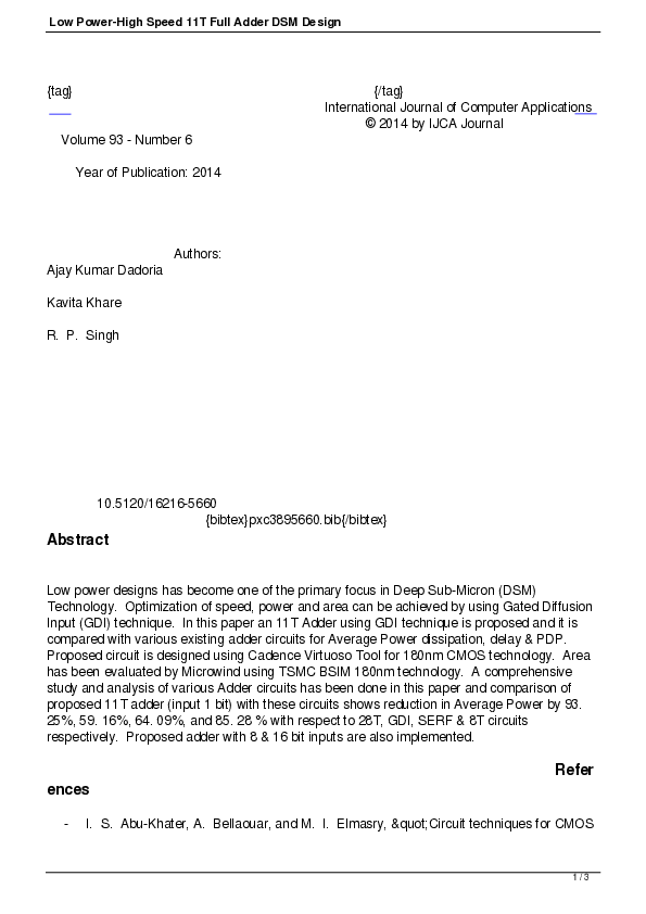 (PDF) Low Power-High Speed 11T Full Adder DSM Design