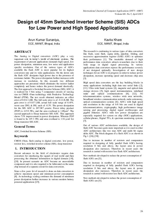(PDF) Design of 45nm Switched Inverter Scheme (SIS) ADCs for Low Power and High Speed Applications