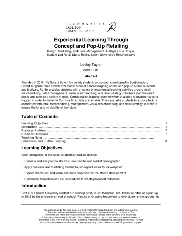 (PDF) Experiential Learning Through Concept and Pop-Up Retailing