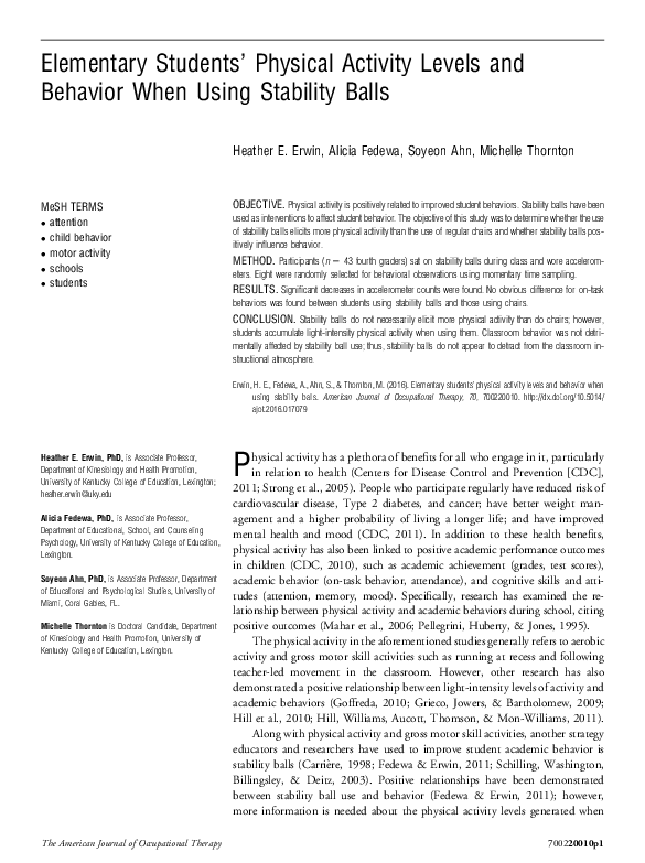 (PDF) Elementary Students’ Physical Activity Levels and Behavior When Using Stability Balls