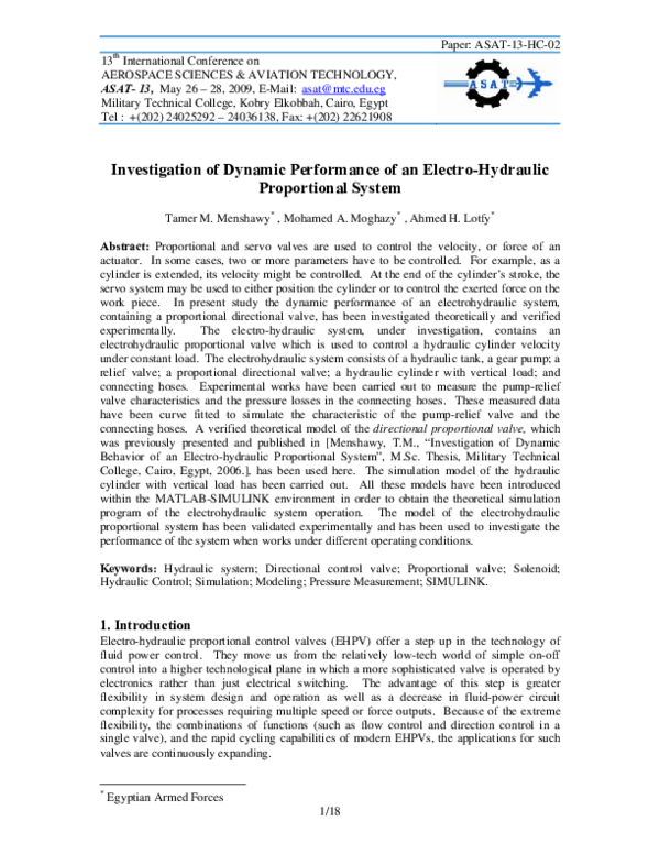(PDF) Investigation of Dynamic Performance of an Electro-Hydraulic Proportional System