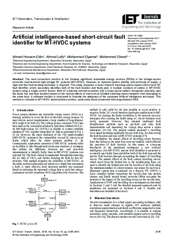 Pdf Ai Short Circuit Fault Identifier For Mt Hvdc 