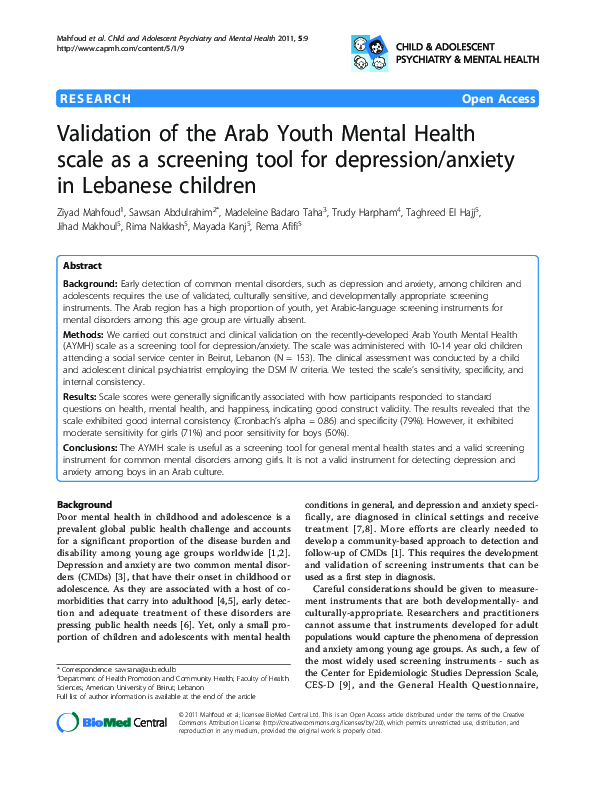 (PDF) Validation of the Arab Youth Mental Health scale as a screening ...