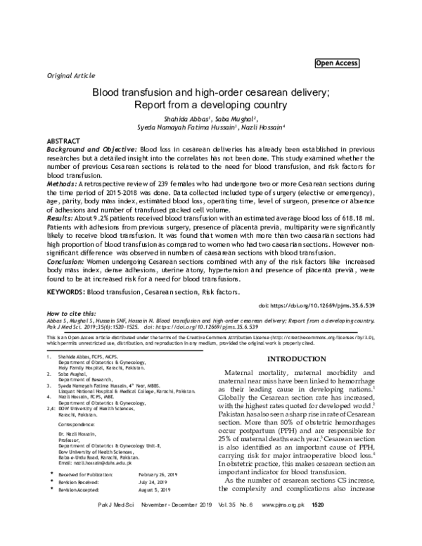 (PDF) Blood transfusion and high-order cesarean delivery; Report from a ...