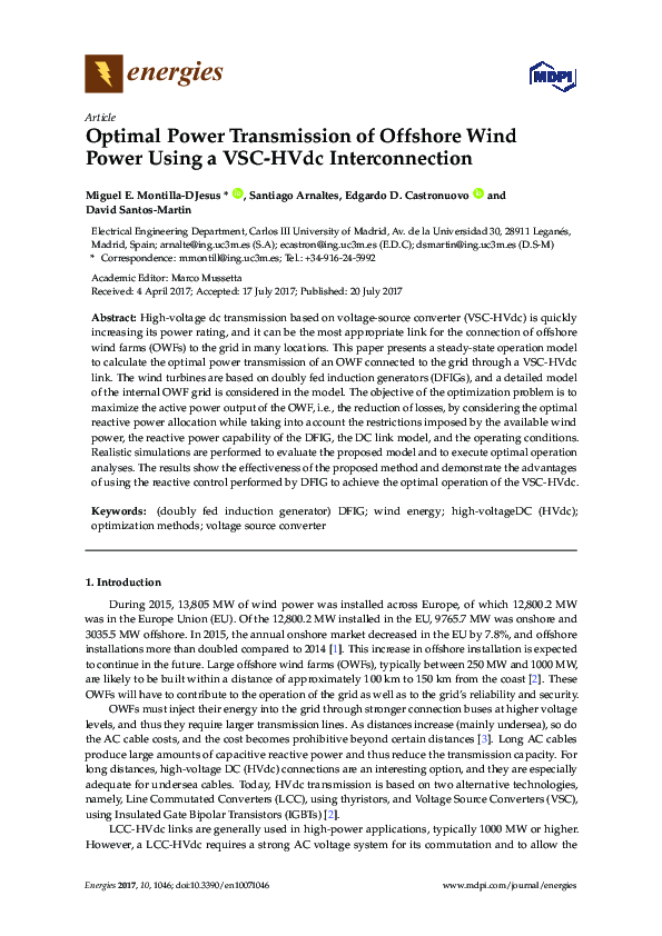 (PDF) Optimal Power Transmission of Offshore Wind Power Using a VSC-HVdc Interconnection