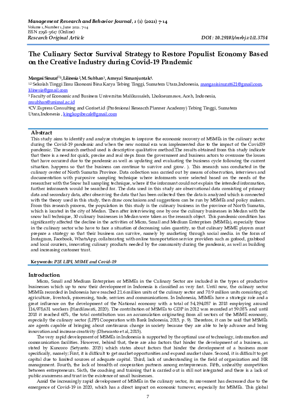 (PDF) The Culinary Sector MSME Survival Strategy in Effort to Restore ...