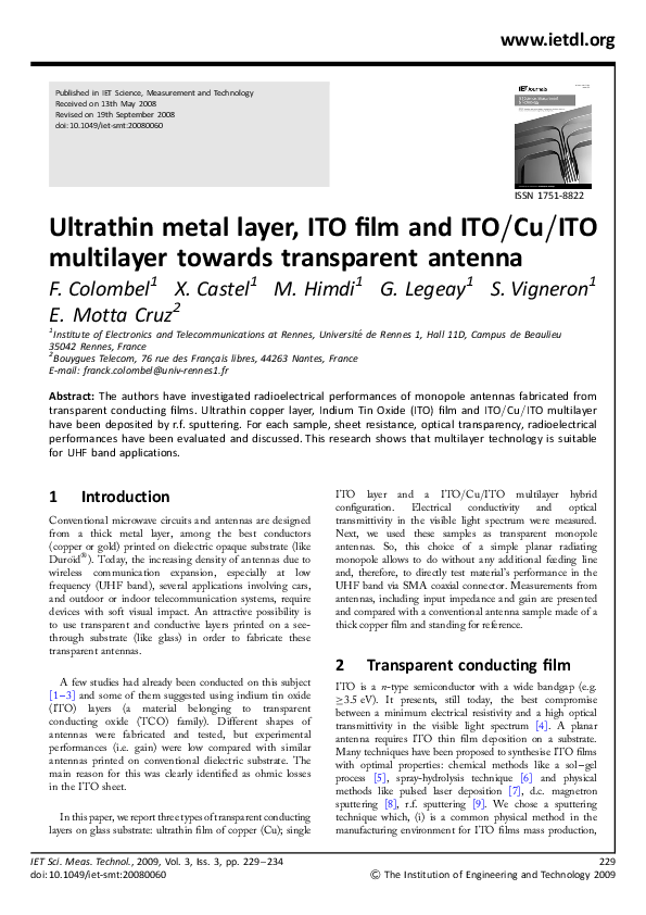 (PDF) Ultrathin metal layer, ITO film and ITO/Cu/ITO multilayer towards ...