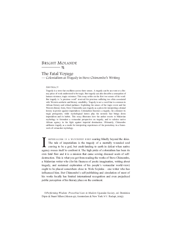 (PDF) The Fatal Voyage — Colonialism as Tragedy in Steve Chimombo’s Writing