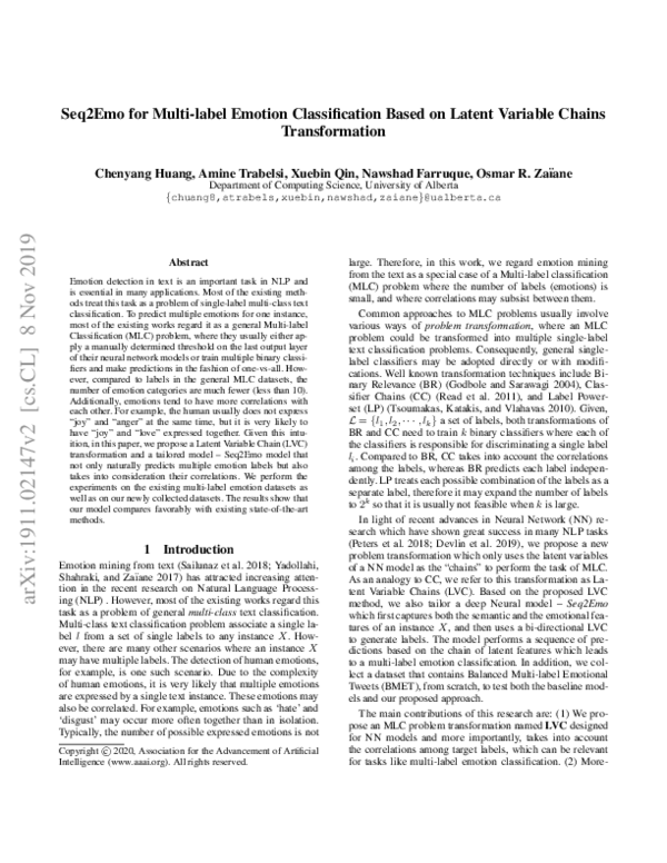 (PDF) Seq2Emo for Multi-label Emotion Classification Based on Latent Variable Chains ...