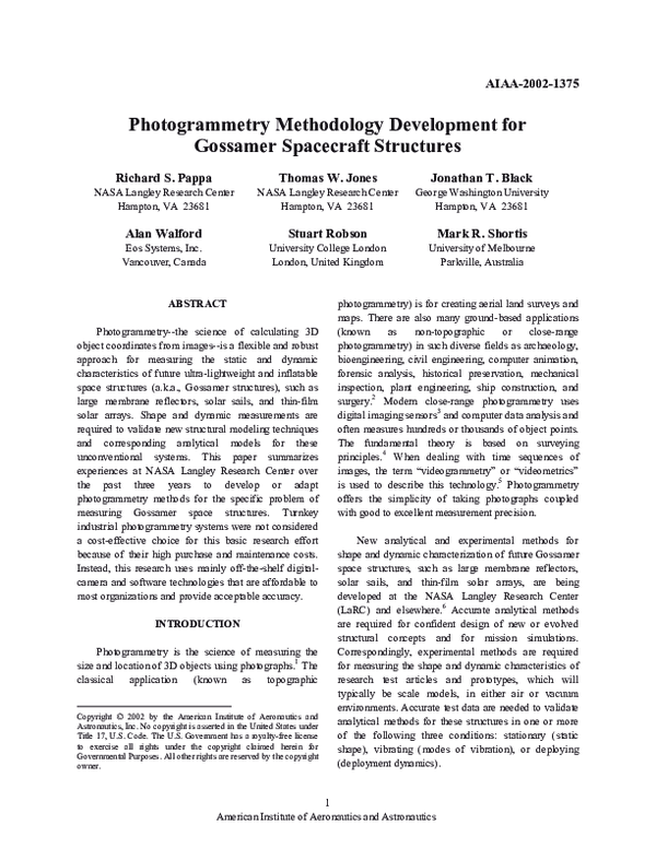 (PDF) Photogrammetry Methodology Development for Gossamer Spacecraft Structures