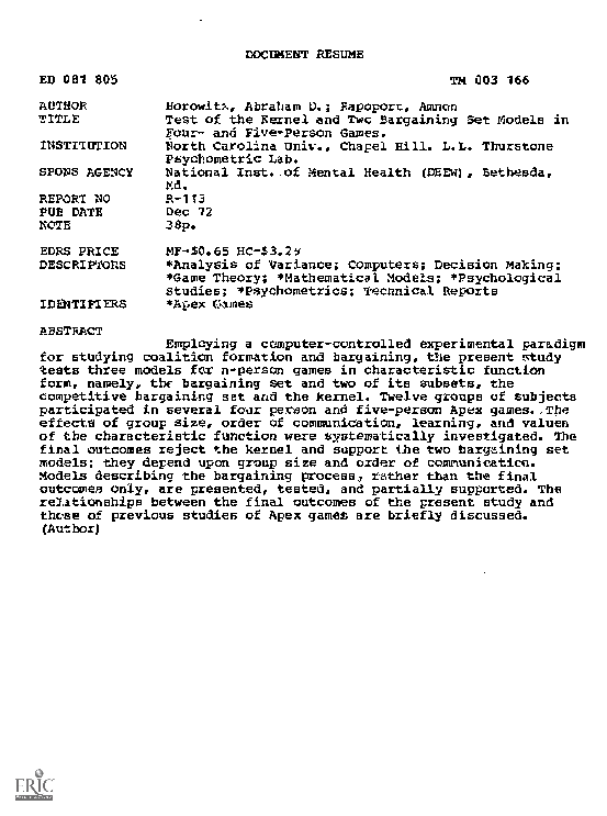 (PDF) Test of the Kernel and Two Bargaining Set Models in Four- and ...