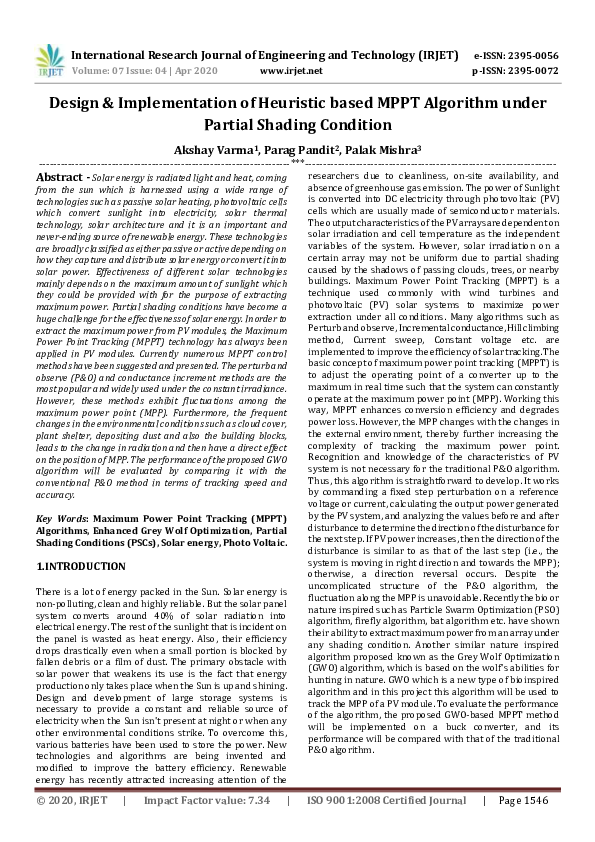 Pdf Design And Implementation Of Heuristic Based Mppt Algorithm Under