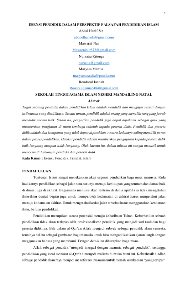 (PDF) ESENSI PENDIDIK DALAM PERSPEKTIF FALSAFAH PENDIDIKAN ISLAM