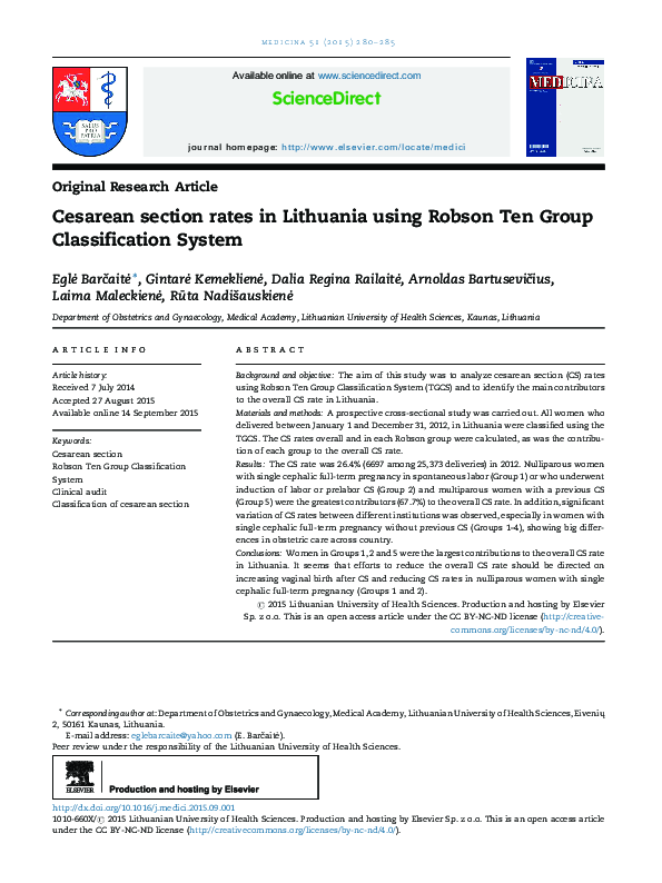 (PDF) Cesarean section rates in Lithuania using Robson Ten Group ...