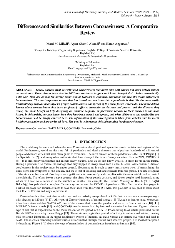 (PDF) Differences and Similarities between Coronaviruses: A Comparative Review