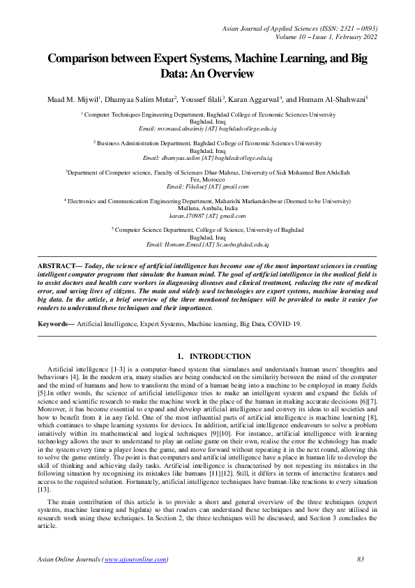 (PDF) Comparison between Expert Systems, Machine Learning, and Big Data ...