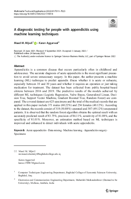 (PDF) A diagnostic testing for people with appendicitis using machine ...
