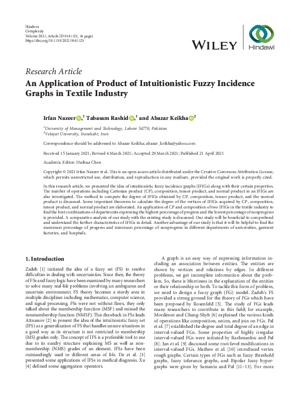 (PDF) An Application of Product of Intuitionistic Fuzzy Incidence Graphs in Textile Industry