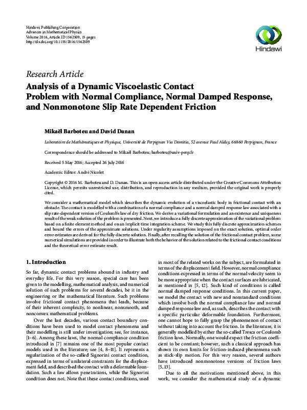 Pdf Analysis Of A Dynamic Viscoelastic Contact Problem With Normal Compliance Normal Damped