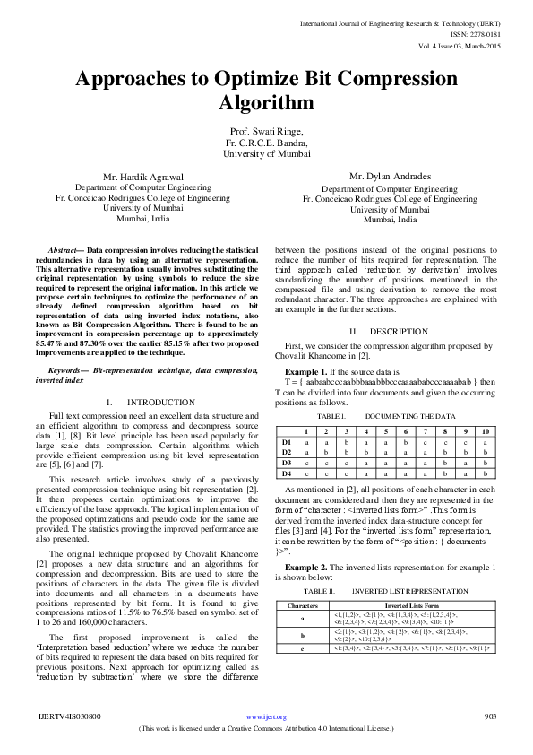 (PDF) Approaches to Optimize Bit Compression Algorithm | swati ringe - Academia.edu