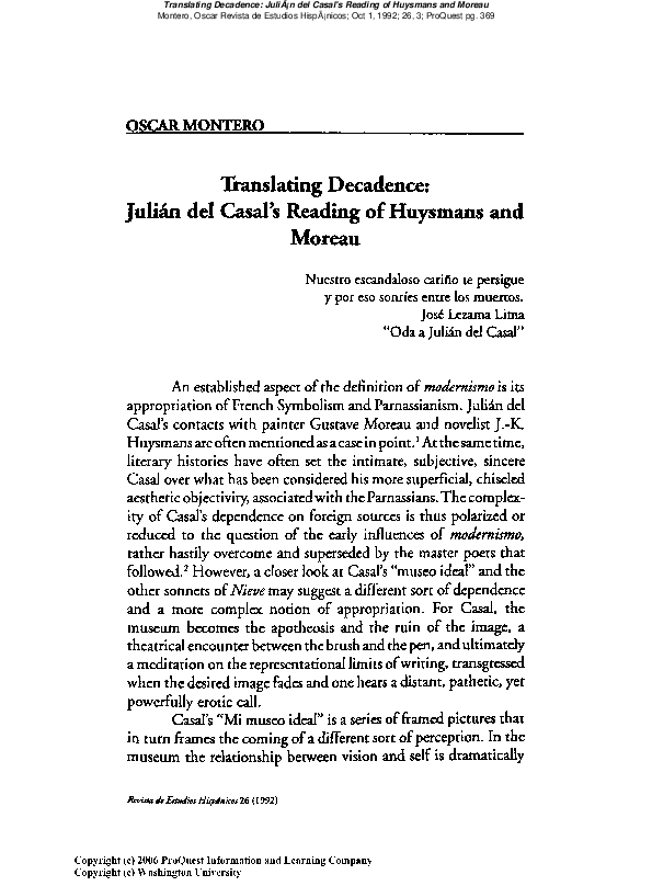 (PDF) "Translating decadence: Julián del Casal's reading of Huysmans ...