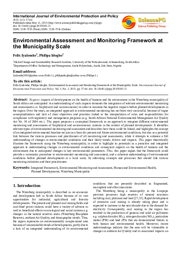 (PDF) Environmental Assessment and Monitoring Framework at the ...