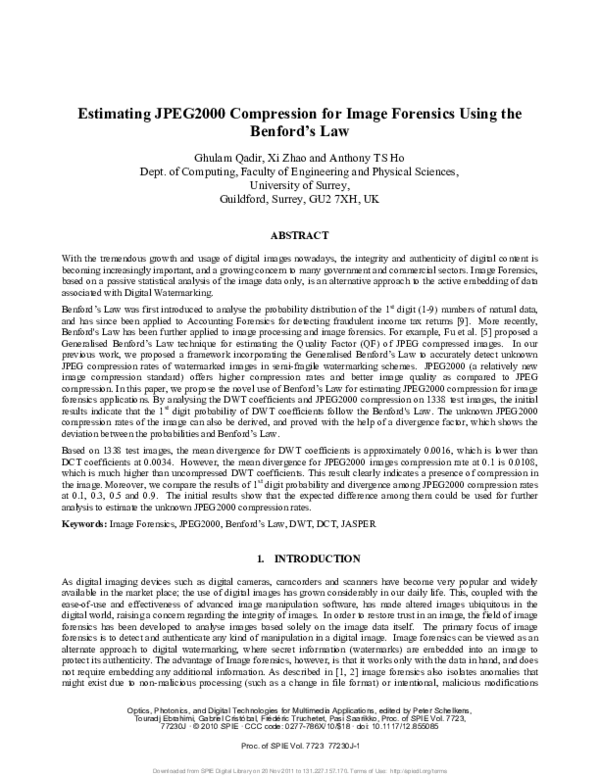 (PDF) Estimating JPEG2000 compression for image forensics using Benford's Law