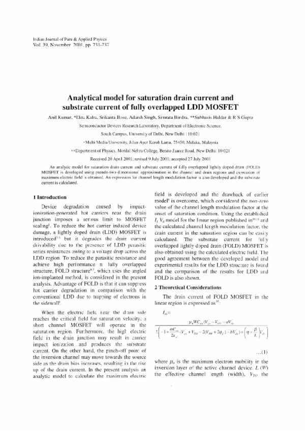 Pdf Analytical Model For Saturation Drain Current And Substrate